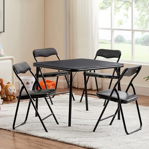 VECELO Kids Folding Activity Table and Chairs 5 Pcs Set, Portable, with Ultra Soft PU Padded Cushion, Matte Black
