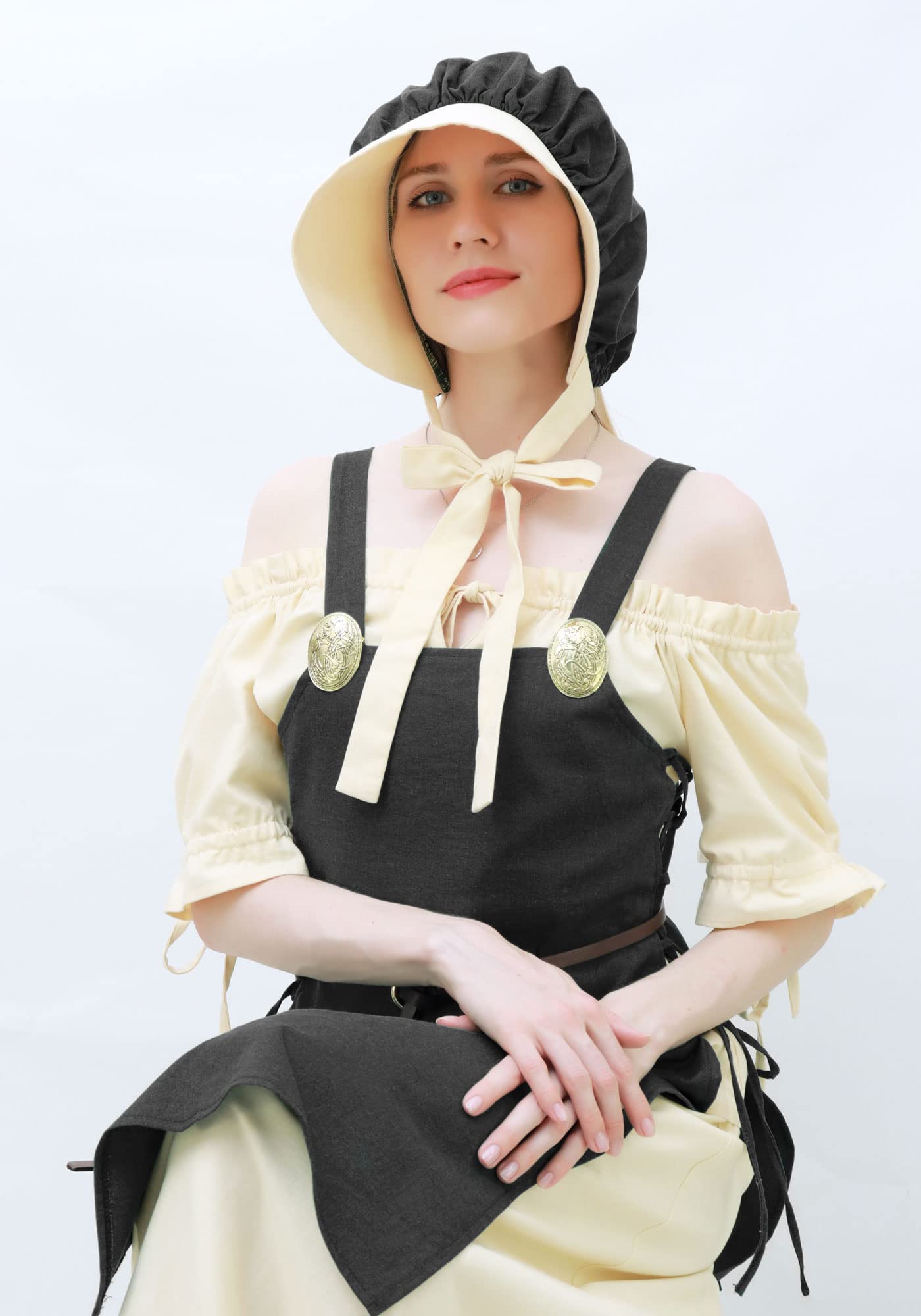 FURPHI Women's Colonial Pioneer Bonnet Hat Linen Victorian Pilgrim Headwear (Black)
