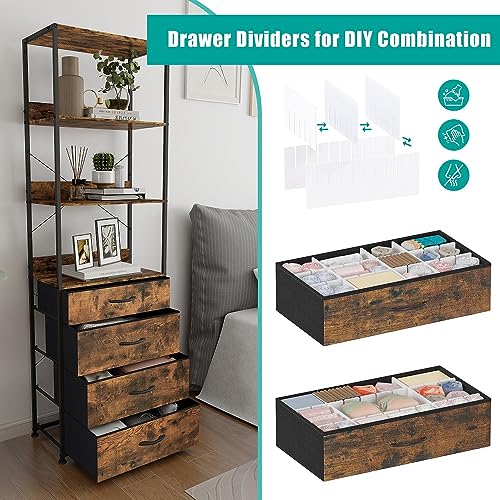 VASICAR 4-Tier Tall Bookshelf with 4 Drawers, Multifunctional Open Bookcase, Storage Shelf Dresser for Living Room, Office, Bedroom, Kitchen, Free Drawer Divider (Rustic Brown)