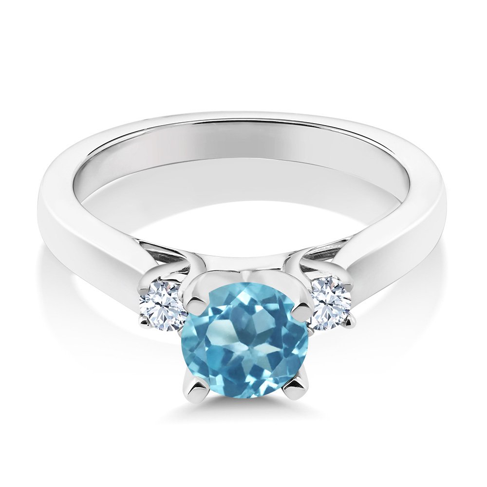 Gem Stone King 925 Sterling Silver Swiss Blue Topaz 3-Stone Engagement Ring For Women (1.12 Cttw, Round 6MM, Gemstone November Birthstone, Size 6)