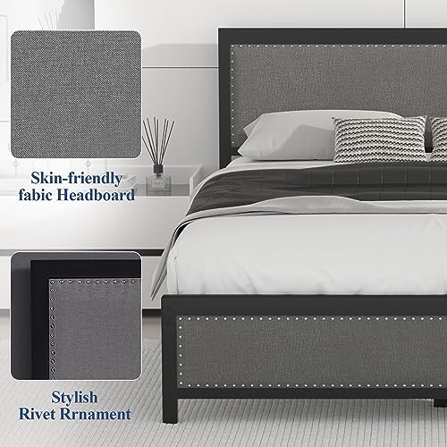 VECELO Twin Size Bed Frame with Linen Fabric Headboard and Footboard, Heavy-Duty Platform with Strong Steel Slats, No Box Spring Needed, Easy Assembly, Grey