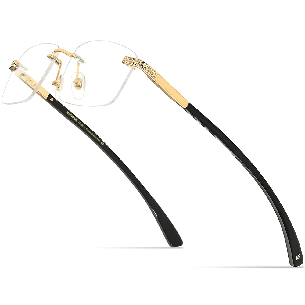HEPIDEM 100% Really Buffalo Horn Glasses,Square Rimless Luxury Buffs Eyeglasses With Diamonds (Black 0023)