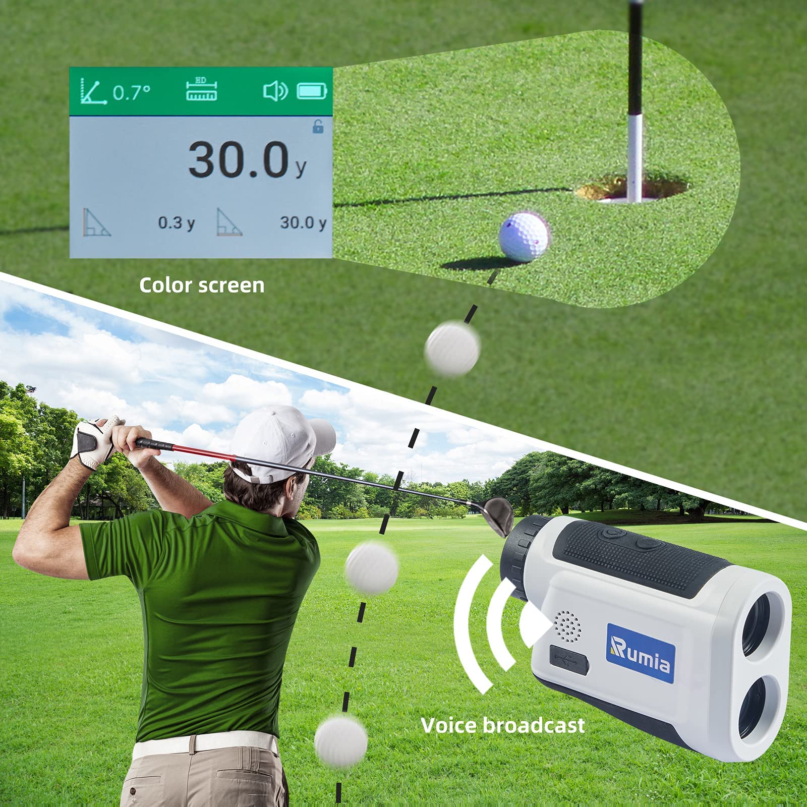 Golf Rangefinder, Rumia 1200 Yards Range Finder Golfing with Slope, LCD Touch Screen Display, 6X Magnification, Voice Feature, Rechargeable Range Finder for Hunter with Pin-Seeking, Flag Lock
