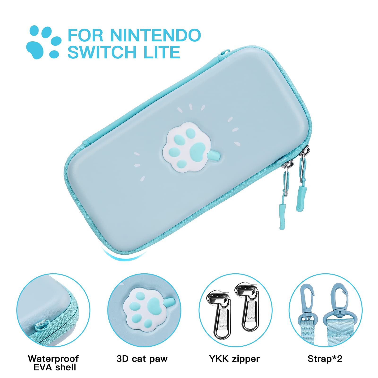 JINGDU Carrying Case Compatible with Switch Lite, Cute 3D Cat Paw Storage Bag with Screen Protector, Thumb Grips, Protective Case, Straps, Premium Accessories Kit, Blue