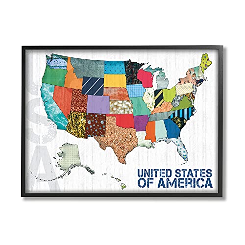 Stupell Industries United States of America Map Quilted Pattern Borders, Designed by Lauren Gibbons Black Framed Wall Art, 24 x 30, Multi-Color