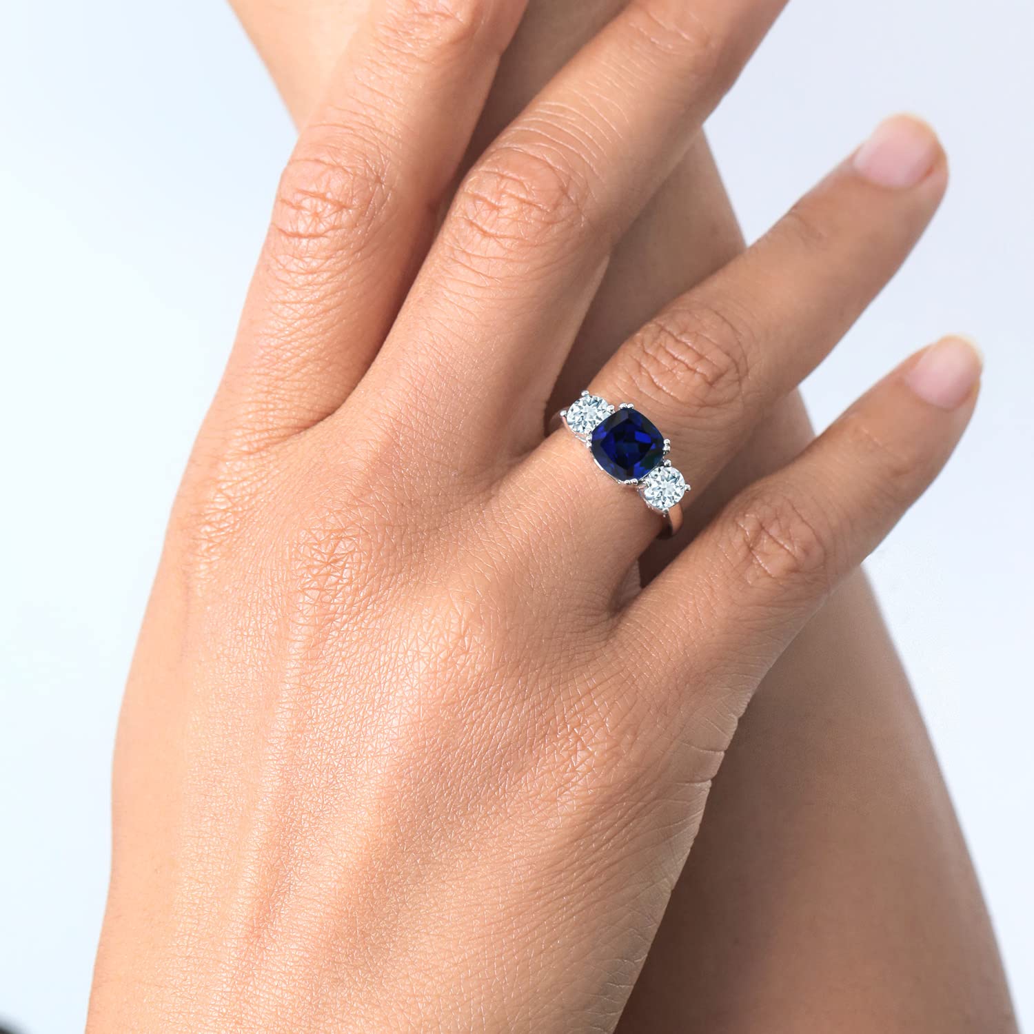 Gem Stone King 925 Sterling Silver Blue Created Sapphire and Sky Blue Aquamarine 3 Stone Engagement Ring For Women | 3.50 Cttw | Cushion 8MM | Available in Size 5,6,7,8,9