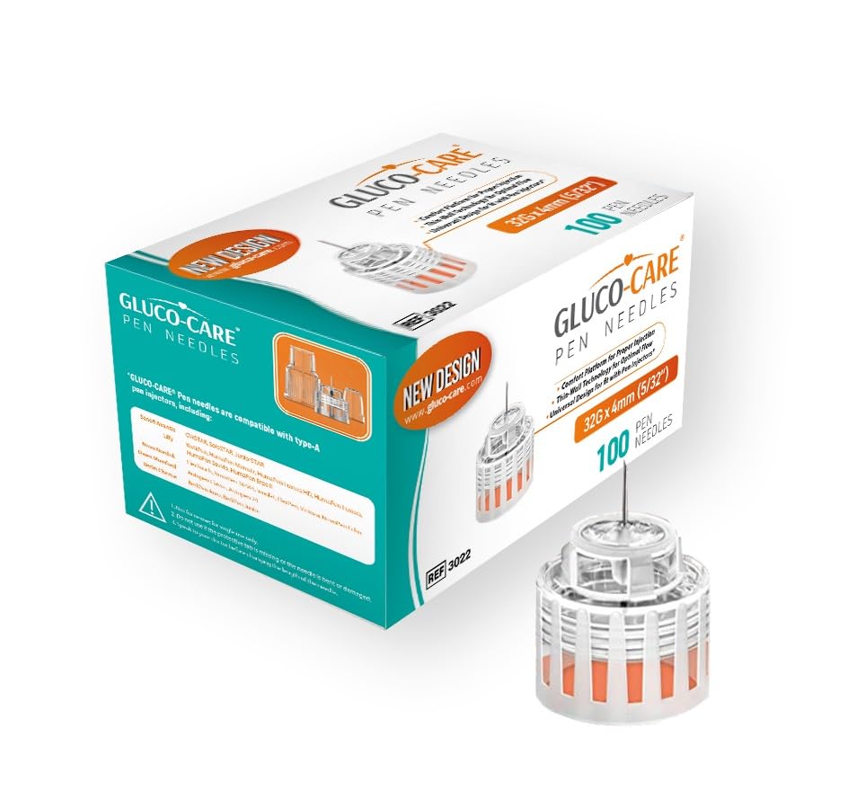 GLUCO-CARE Pen Tips 32G x 5/32’’ (4mm), Universal Fit, Optimal Skin-Contact Base for Comfort, Sterile, 100/bx