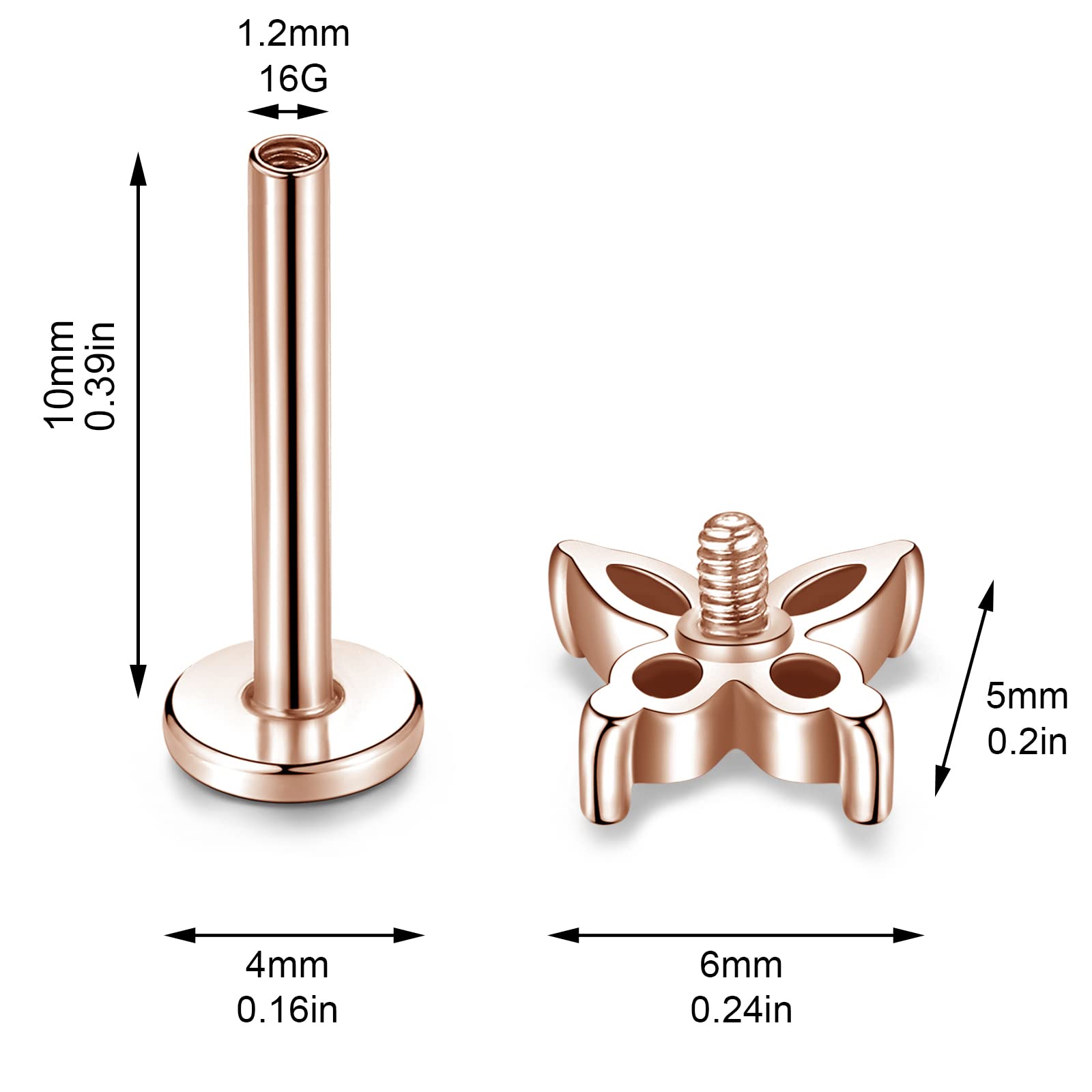 JINSAWW 16G Butterfly Internally Threaded CZ Labret Stud Stainless Steel Ear Cartilage Helix Tragus Conch Flat Back Piercing Stud Body Jewelery