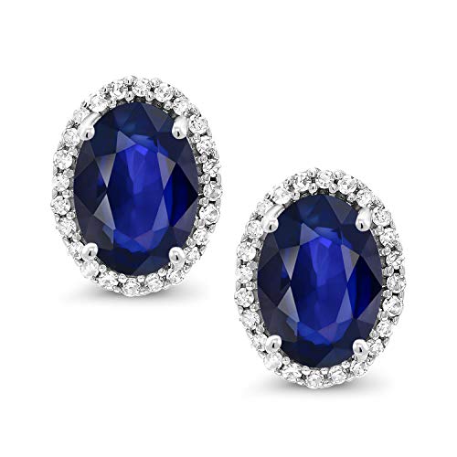 Gem Stone King 10K White Gold 7X5MM Oval Gemstone Birthstone and White Diamond Halo Earrings | White Gold Earrings for Women