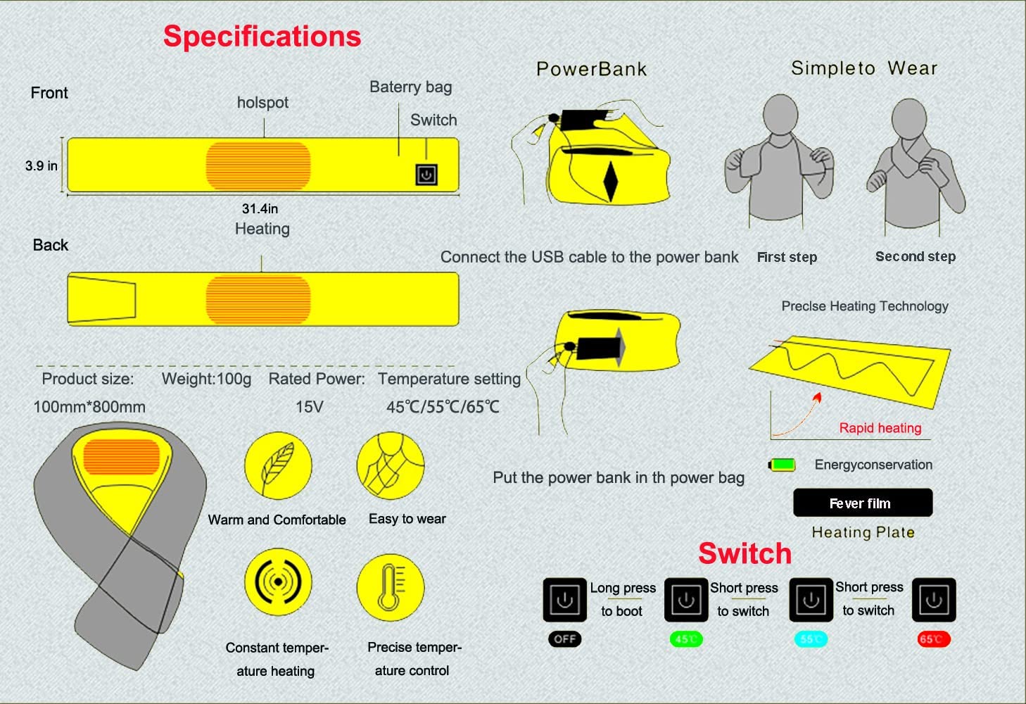 hYwecy Heated Scarf-Three Temp Setings-USB Powered By Power Bank,Heating Scarf for Women/Men(Without Power Bank)