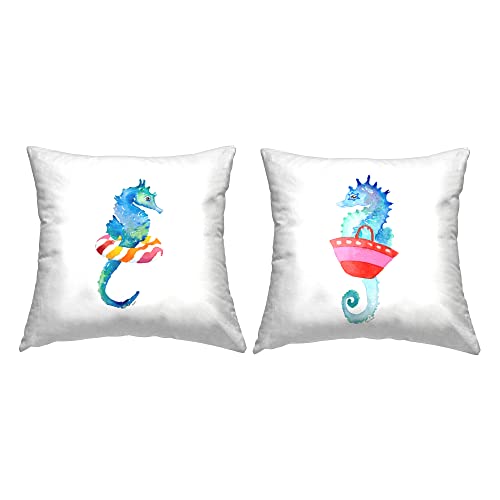 Stupell Industries Blue Seahorses Beach Red Attire Float Design by Lanie Loreth Throw (Set of 2) Pillow, 18 x 18