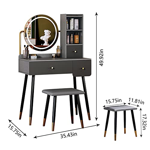 Vanity Desk,Make Vanity Set with Touch Screen Dimming Mirror, 3 Color Lighting Modes, Dressing Table with 3 Sliding Drawers, Modern Bedroom Makeup Table and Cushioned Stool Set for Women Girls