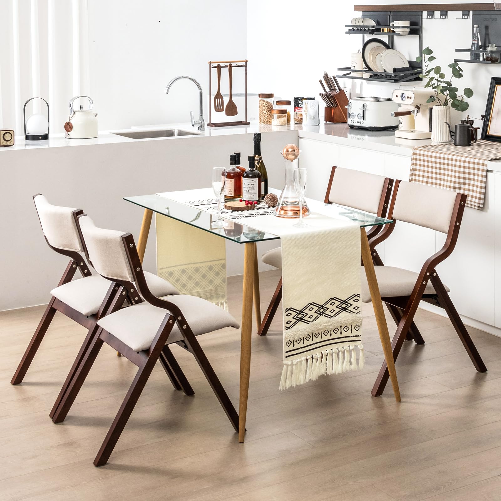 Giantex Folding Dining Chairs Set of 2, No Assembly Folding Chairs w/Linen Padded Seats, Wood Foldable Kitchen Chairs, Easy to Store Extra Event Chairs, Padded Folding Chair for Wedding Guests Party