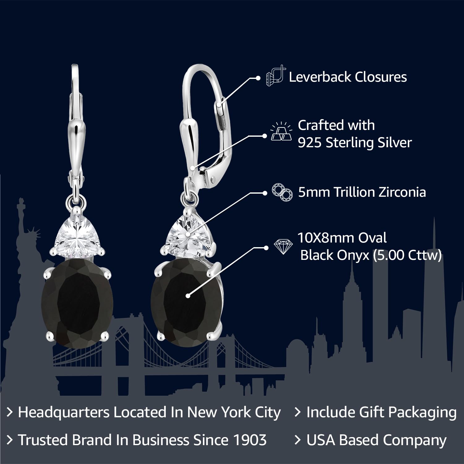 Gem Stone King 925 Sterling Silver Black Onyx and White Zirconia Dangle Earrings For Women (5.00 Cttw, Gemstone December Birthstone, Oval 10X8MM, Trillion 5MM)