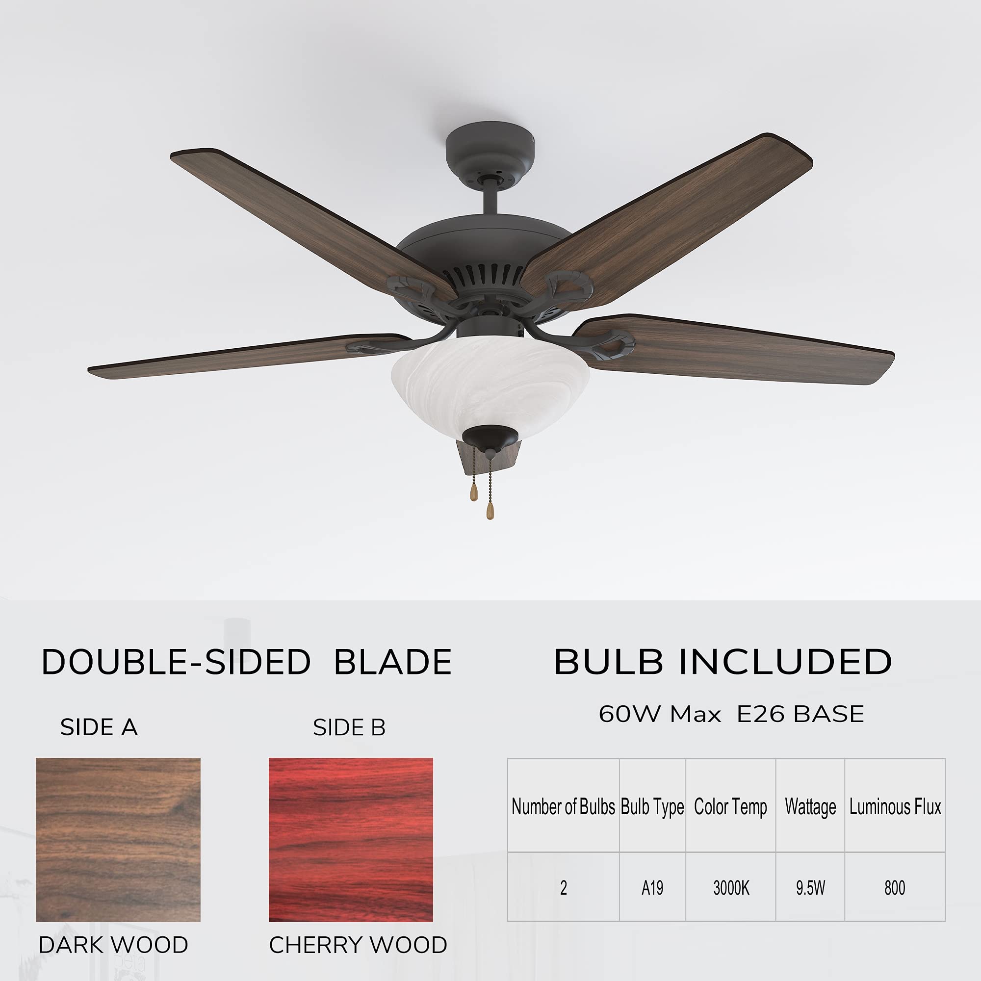 Inlight 52 Inch Indoor Ceiling Fan with 2 Lights, Home Decor Ceiling Fan with Pull Chain Control, Frosted Glass Bowl, Oil Rubber Bronze Reversible Motor Low Profile Ceiling Fan, 5 Blades, IN-0701-2-BZ