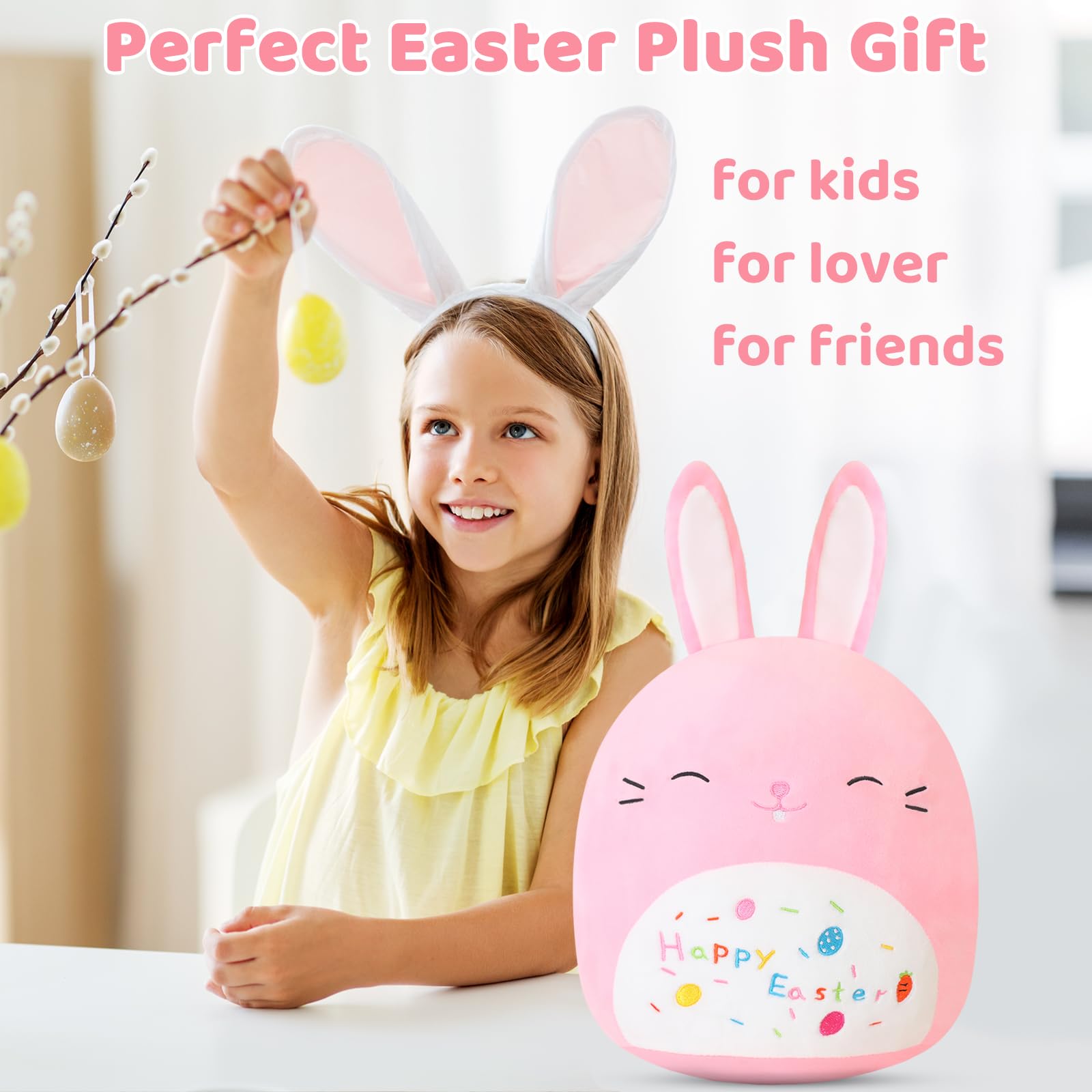 TOYSYM Pink Bunny Plush Cute Easter Bunny Stuffed Animal Toy Soft Rabbit Strawberry Plushies Easter Plushie Pillow Doll Gifts for Kids Decor 13.7 inch