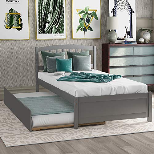 GINGVAT Twin Size Platform Bed with Trundle, Wooden Bedframe Frniture, Gray