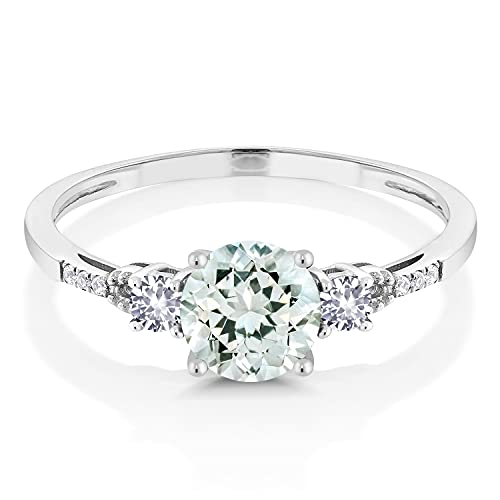 Gem Stone King 10K White Gold 6MM Round Gemstone Birthstone White Created Sapphire & White Diamond Accent 3-Stone Engagement Ring | Three-Stone Wedding Anniversary Promise Ring For Women