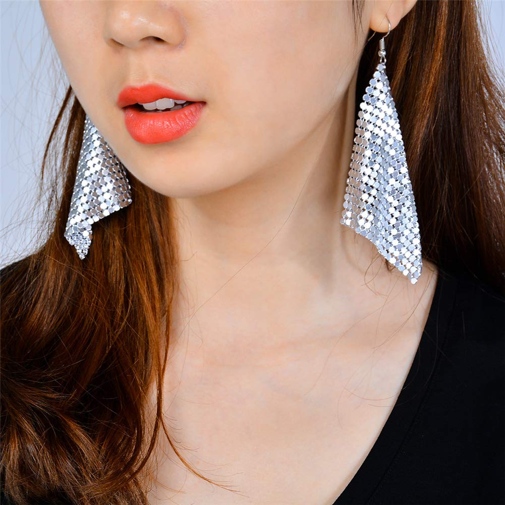 GIMEFIVE Gold Sequin Earrings Lightweight Metal Mesh Grid Tassel Drop Dangle Earrings Long Hook Earrings Women (Silver)