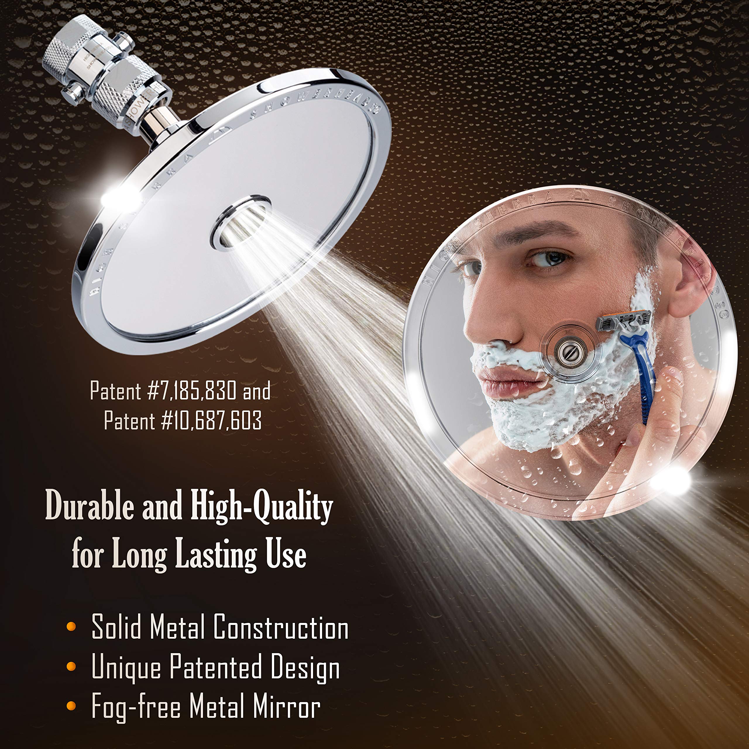 High Sierra's 2.0 GPM "Reflections X" Low Flow Shower Head and Fogless Shaving Mirror In One. Includes 11" Adjustable Extension Arm and Control Valve. Available in Chrome or BRUSHED NICKEL