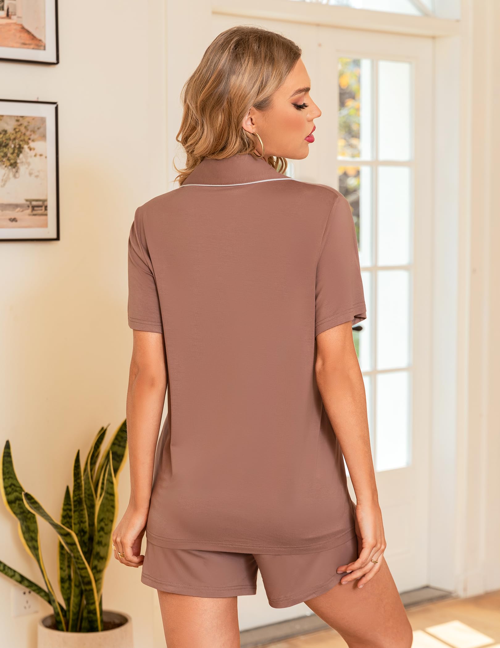 Gepansis Button Down Pajama Sets Women Short Sleeve Summer Sleepwear Set 2 Piece Pj Set Light Brown Medium
