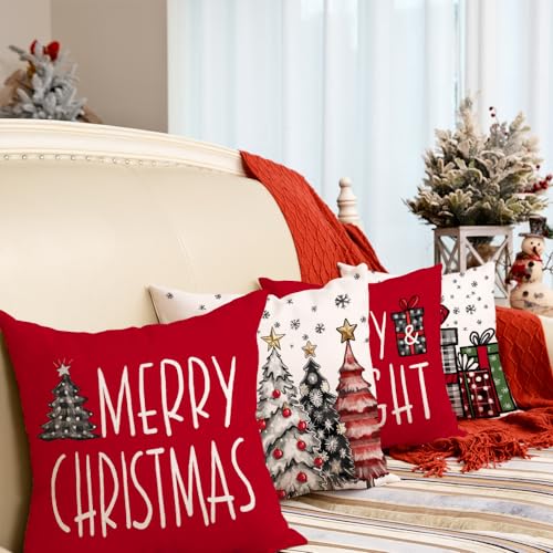 GEEORY Christmas Pillow Covers 18 x 18 Inch Set of 4, Snowflake Xmas Tree Present Merry Bright Holiday Decor Decorative Throw Cushion Cases Winter Decoration for Home Party Sofa Couch (Red)