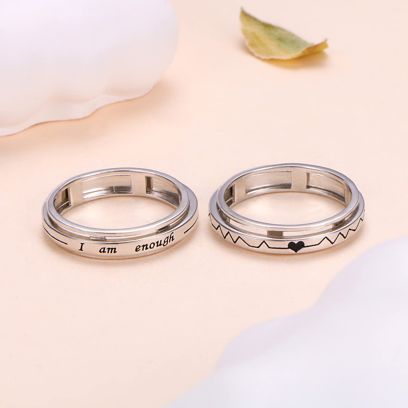 I am Enough Fidget Spinner Ring for Women 925 Sterling Silver Heart Beat Matching Engagement Promise Dainty Anxiety Rings, US Size 8