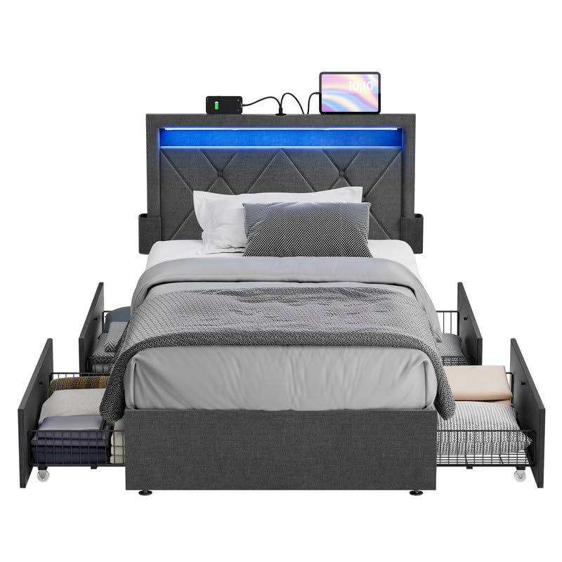 VASAGLE LED Bed Frame Twin Size with Headboard and 4 Drawers, 1 USB Port and 1 Type C Port, Adjustable Upholstered Headboard, No Box Spring Needed, Dark Grey URMB823G71