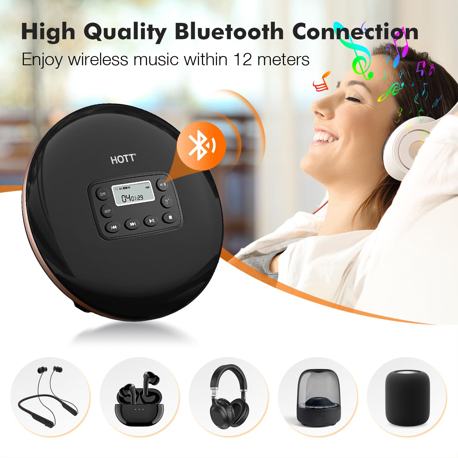 HOTT CD Player Portable with Bluetooth, Portable CD Player, CD-R,MP3 USB Rechargeable Walkman CD Player with Headphones and AUX Cable for Car Travel, Discman CD Player with Shockproof (CD711T)