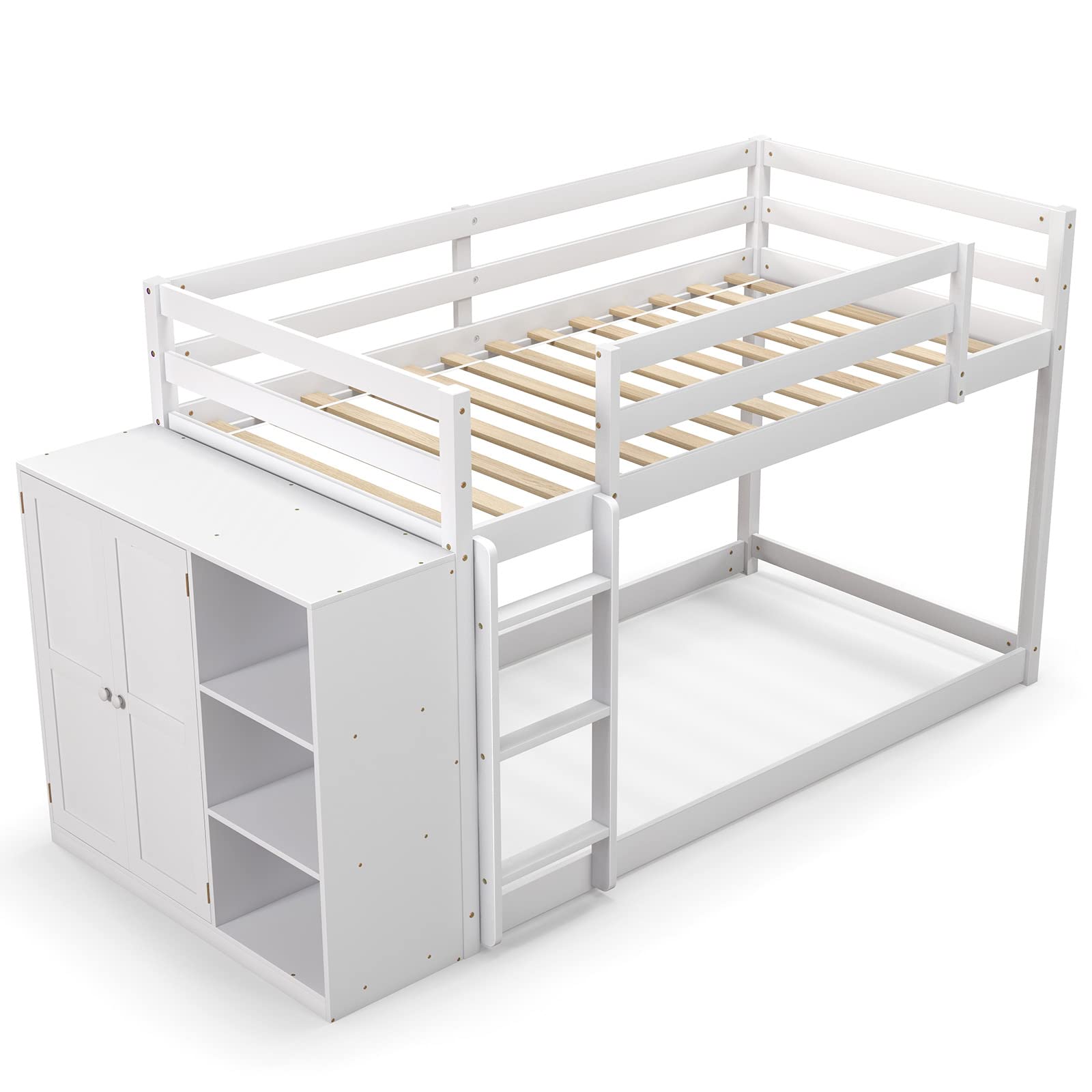 Giantex Twin Over Twin Bunk Bed with Storage Shelves, Solid Wood Bunk Bed Frame with Convertible Bookcase & Ladder, Floor Low Bunk Bed with High Guardrails for Kids Teens, No Box Spring Needed, White