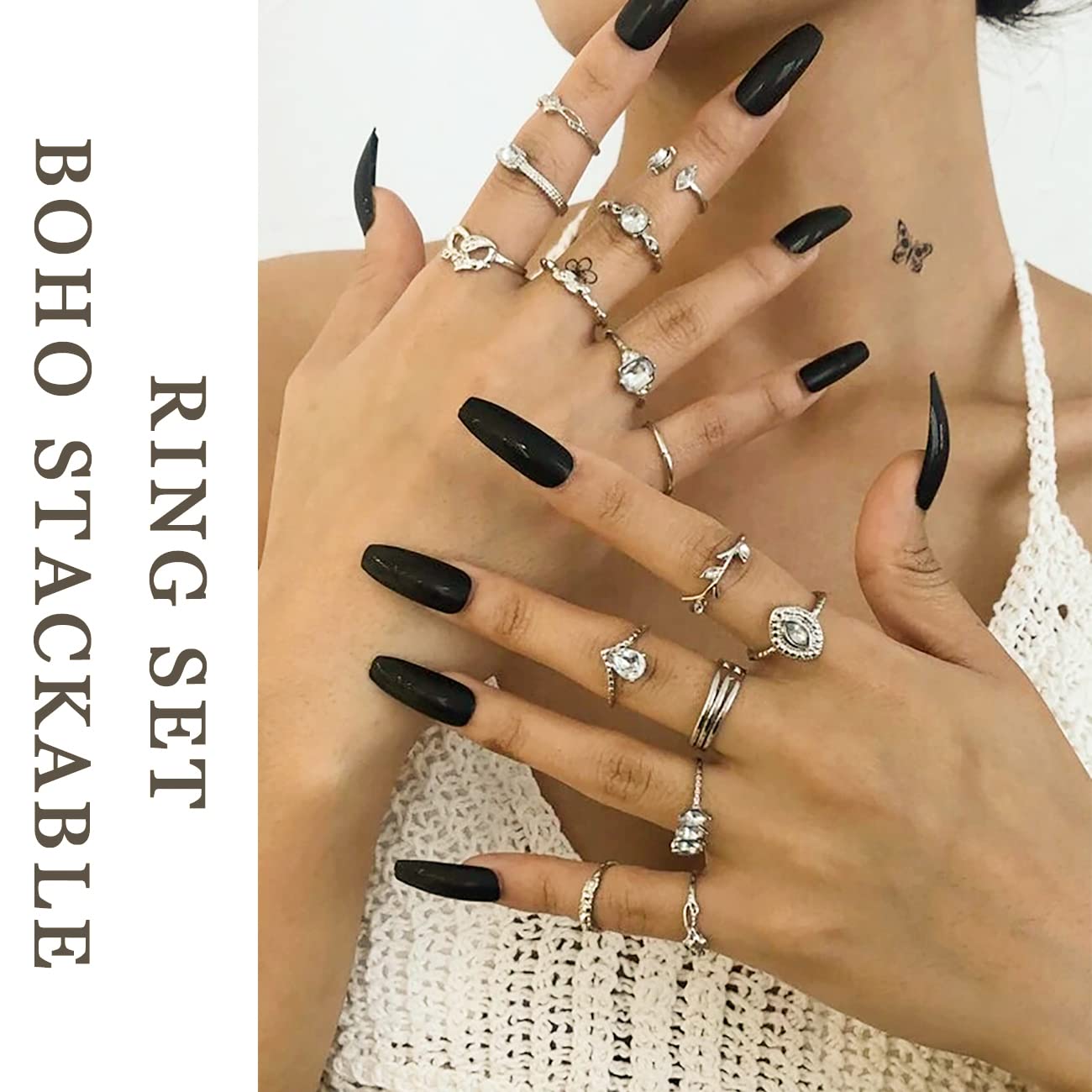 iF YOU 78 PCS Vintage Silver Knuckle Rings Set, Stackable Joint Finger Rings for Women, Bohemian Midi Rings, Boho Butterfly Snake Crystal Stacking Rings Pack