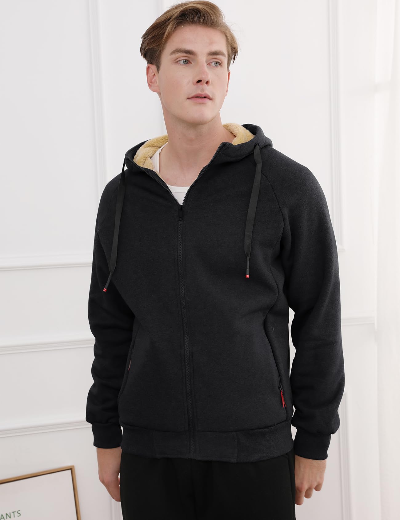 Gihuo Men's Winter Sherpa Lined Hoodie Zip Up Sweatshirt Heavyweight Warm Fleece Jacket with Pockets (Black, X-Large)