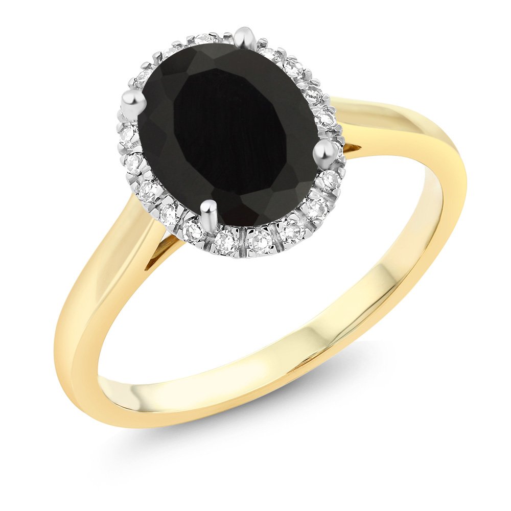 Gem Stone King 10K 2-Tone Gold Oval Black Onyx and White Diamond Women Halo Engagement Ring (2.00 Cttw) (Size 6)