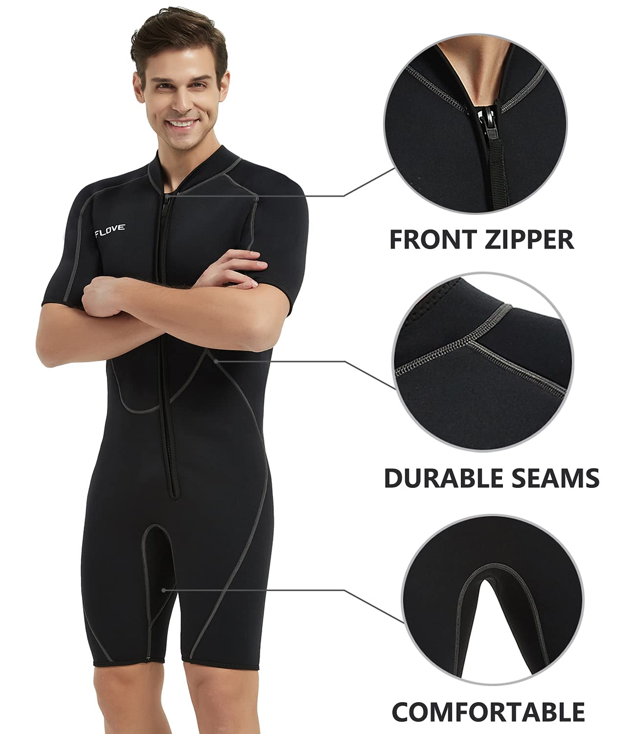 IFLOVE 3mm Shorty Wetsuit for Men Neoprene Diving Suit Front Zip Wetsuit for Diving Snorkeling Surfing, Medium