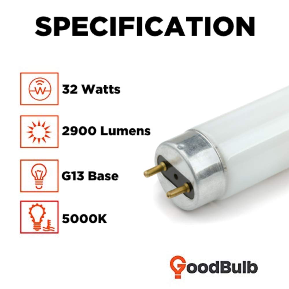 GoodBulb 48-Inch T8 Fluorescent Light Bulbs 32-Watt, 5000K Daylight White Color, 2900-Lumens, G13 Medium Bi-Pin Base (Pack of 25 Bulbs)