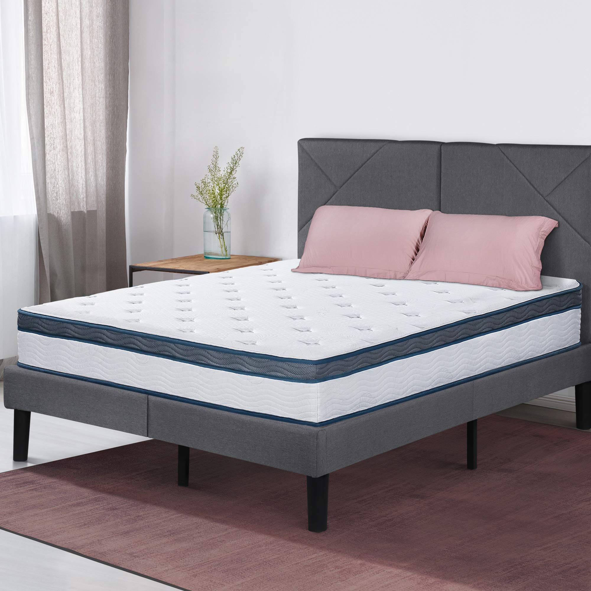 PrimaSleep 12 inch Euro Top Spring Mattress,White,Comfort Layers,Dark Green Piping, (Queen)