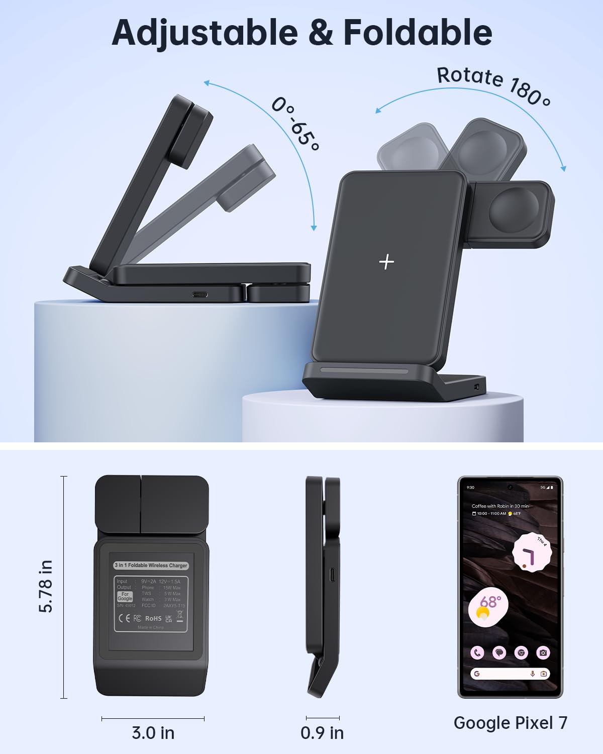 Houflody 3 in 1 Foldable Wireless Charging Station for Google Pixel Watch 1, Pixel Buds Pro and Google Phones Fold/8 Pro/8/7 Pro/7a/7/6 Pro/6/5/4/3/XL, Wireless Charger with QC 18W Adapter, Black