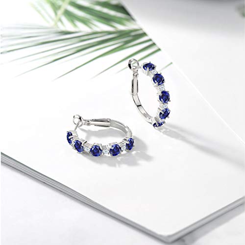 Gem Stone King 925 Sterling Silver Blue Created Sapphire and White Zirconia Hoop Earrings For Women (2.74 Cttw, Round 4MM and 1.9MM, Gemstone Birthstone 1 Inch Diameter)