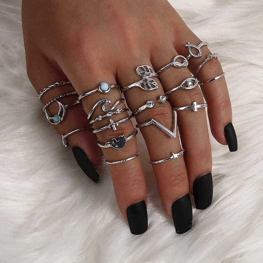 FUTIMELY 19PCS Boho Turquoise Knuckle Stacking Rings for Women Vintage Stackable Star Moon Wave Peak Sea Rhinestone Joint Midi Finger Rings Set (F:20Pcs)