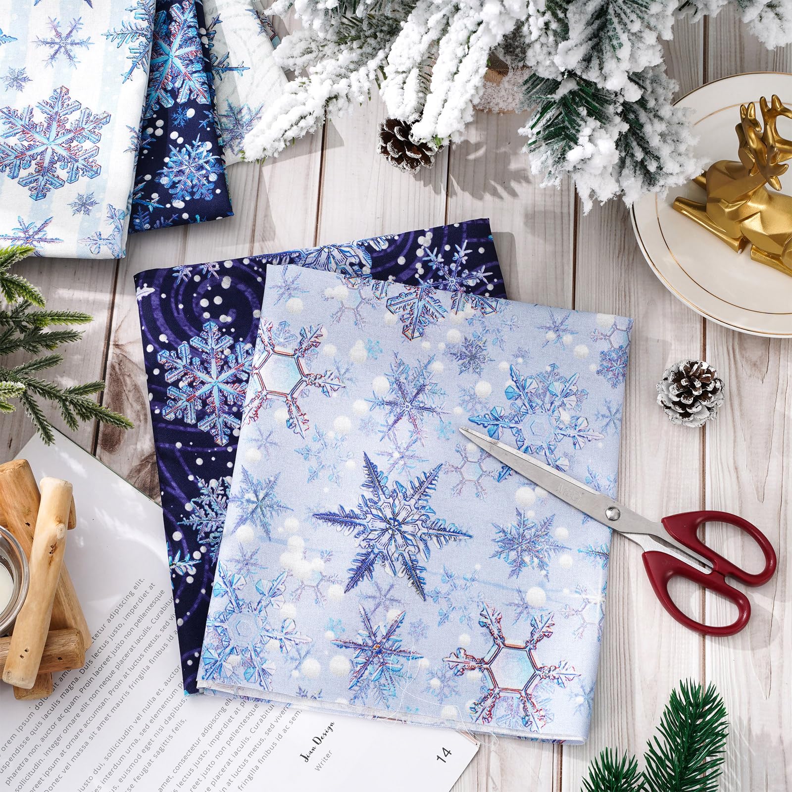 Whaline 12Pcs Winter Cotton Fabric Bundles Blue Purple Snowflake Fat Quarter Xmas Winter Quilting Patchwork for DIY Handmade Sewing Crafting, 18 x 22 Inch