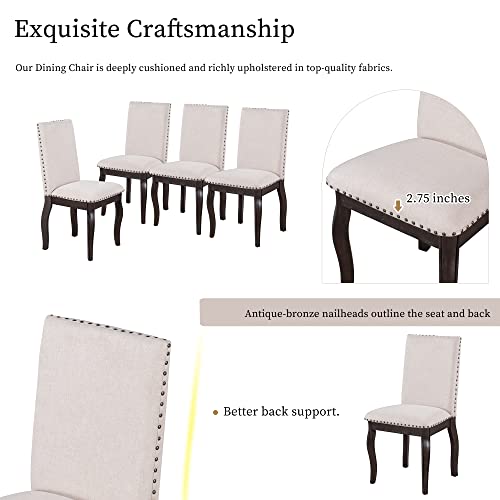 OYN 5-Piece Kitchen Room Furniture, Wooden Farmhouse Round Dining Table Sets with 4 Nailhead Decor Upholstered Chairs and Extendable Tabletop for 4 Persons Family Meal, Espresso