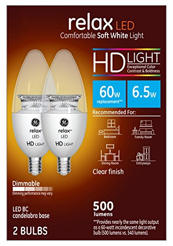 GE Lighting 92288 LED Relax HD 6.5-watt (60-watt Replacement), 500-Lumen Blunt Tip Light Bulb with Candelabra Base, 2-Pack