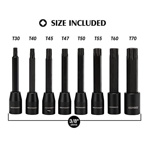 MIXPOWER Extra Long Torx Bit Socket Set, 3.5-inch Length, Torx Bit in 3/8" Drive T30 - T70, 8 Pieces Set