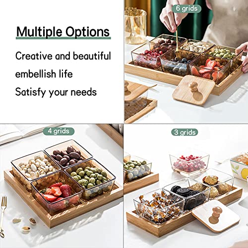 Square Snack Serving Tray,Divided Serving Tray with lid,Household Wooden Divided Serving Tray,Fruit Platter Tray for Parties,Snack Tray with lid,Suitable for Candy,Nuts,dips,Fruits