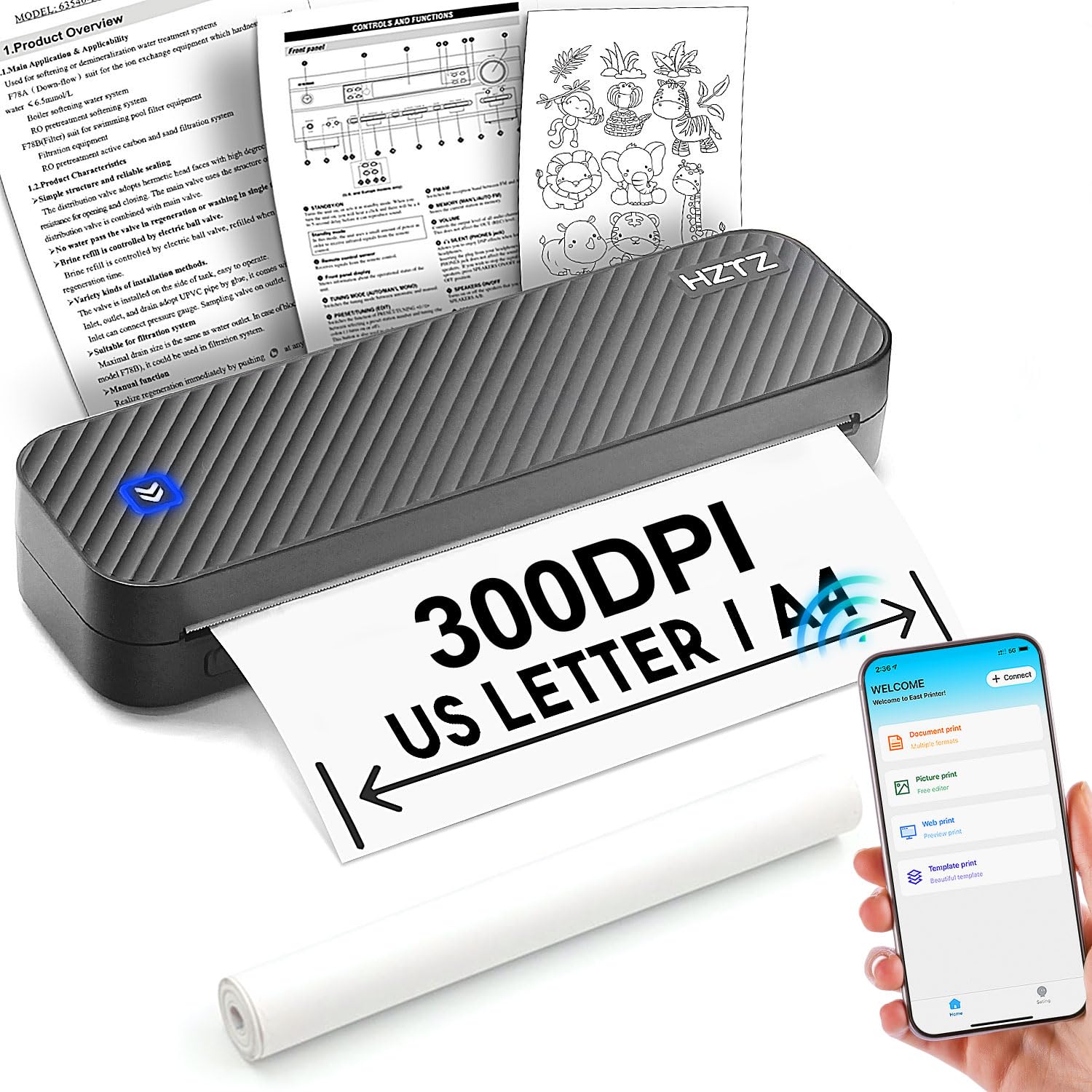 Versatile Portable Thermal Printer, 6 Paper Sizes, Bluetooth Connectivity, 1.4lb Lightweight Design, 300dpi 25mm/s Printing Speed, Inkless Wireless Printer for Travle