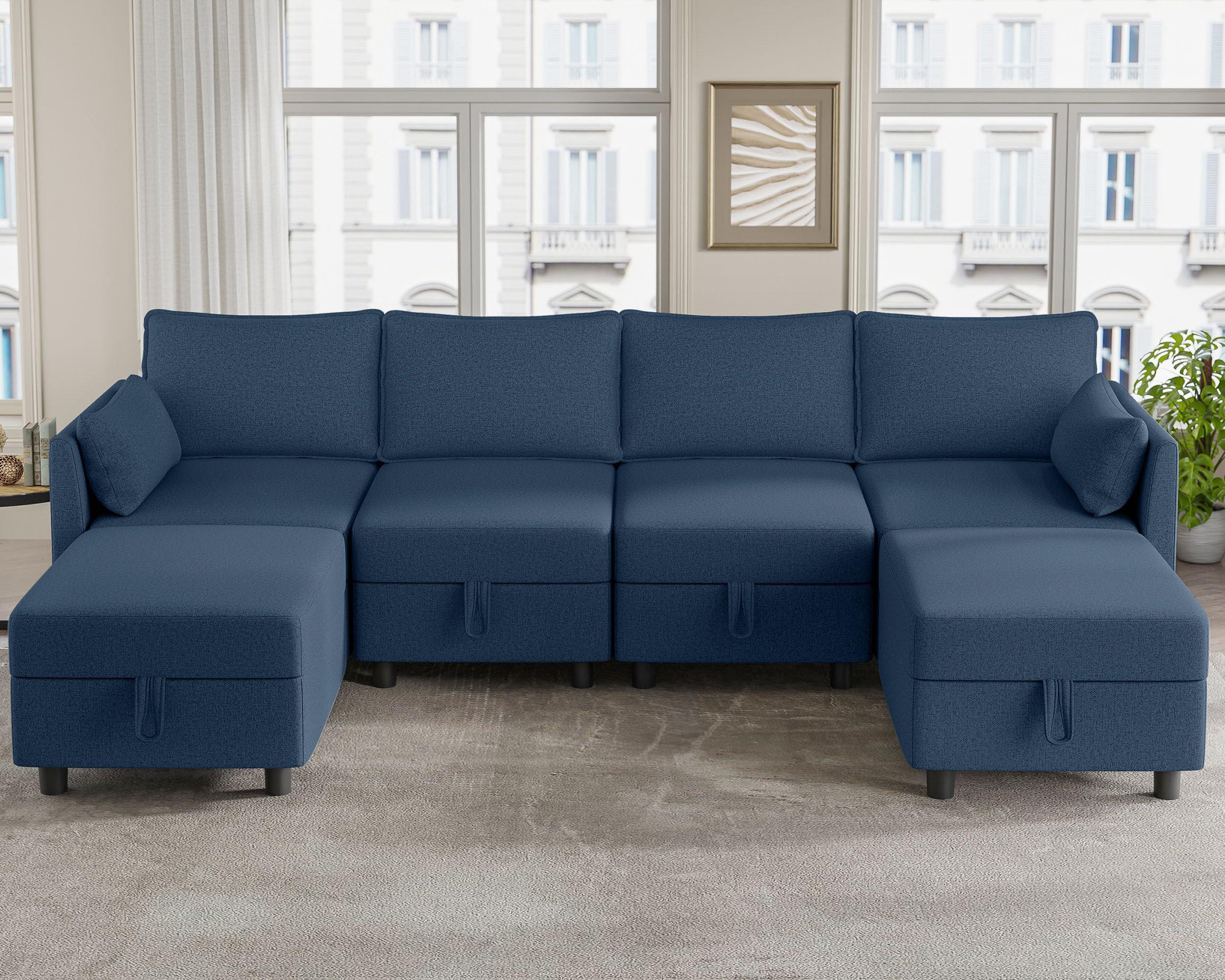 SEJOV Modular Sectional Sofa, U Shaped Couch with Storage, 6 Seat Convertible Sectional Couch with Deep Seat 30" D Ottoman, Modular Sectionals Sofa Couches for Living Room, (Navy Blue)