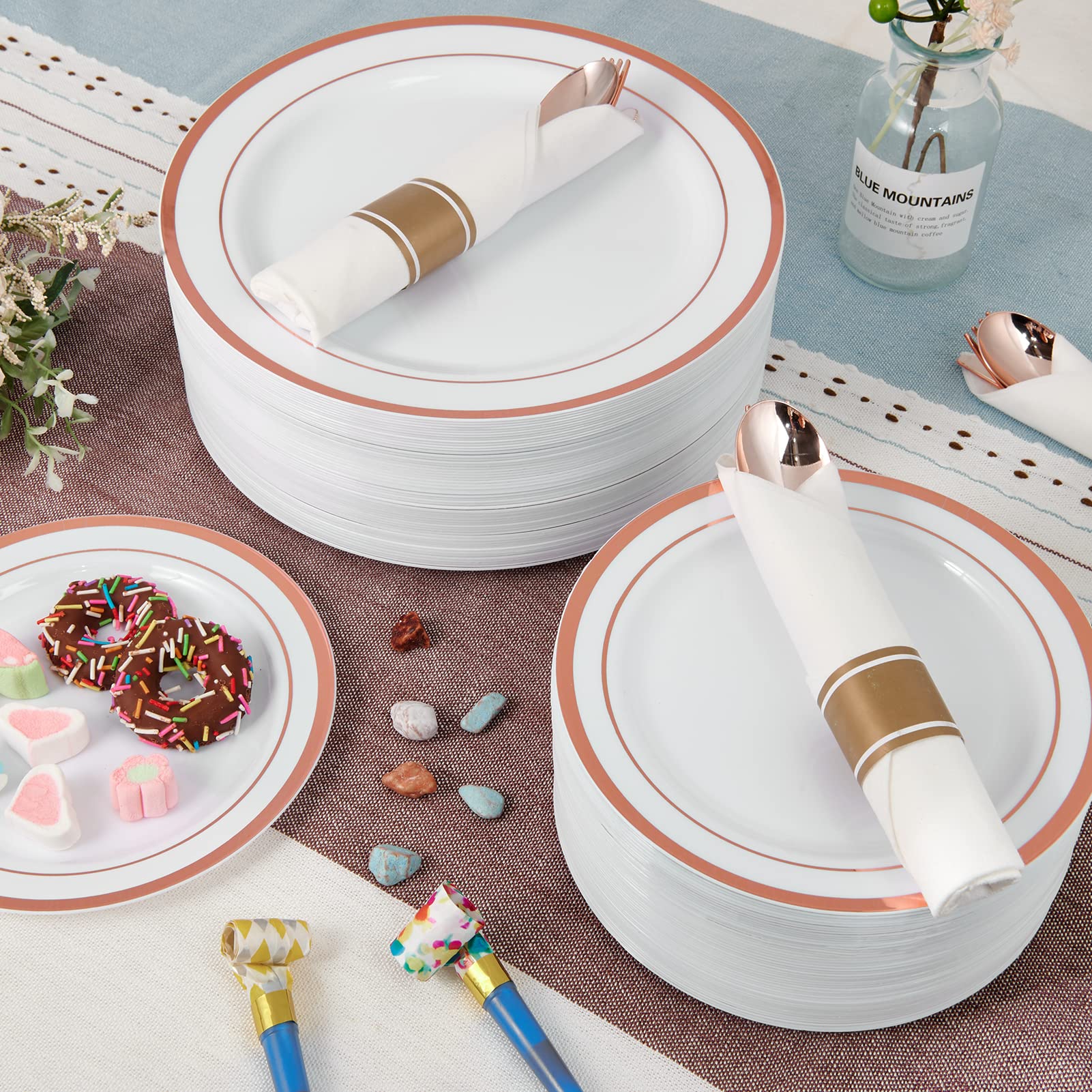 HONOVA 100Pack Plastic Plates-50 Dinner Plates and 50 Salad Plates, Heavy Duty Plastic Plates with Rose Gold Rim for Party, Wedding, Dinner