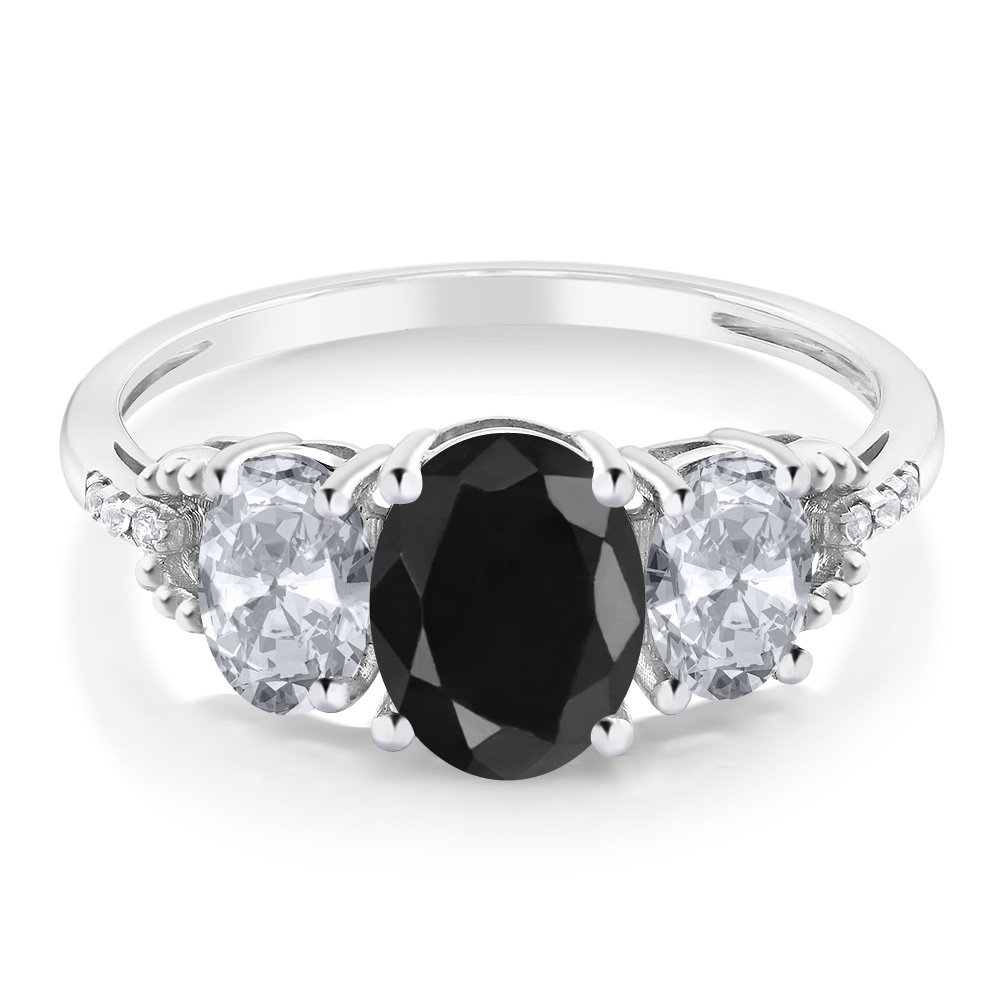 Gem Stone King 10K White Gold Black Sapphire White Topaz and Diamond Accent 3-Stone Engagement Ring | 2.71 Cttw | 3 Stone Wedding Anniversary Promise Ring For Women (Size 8)