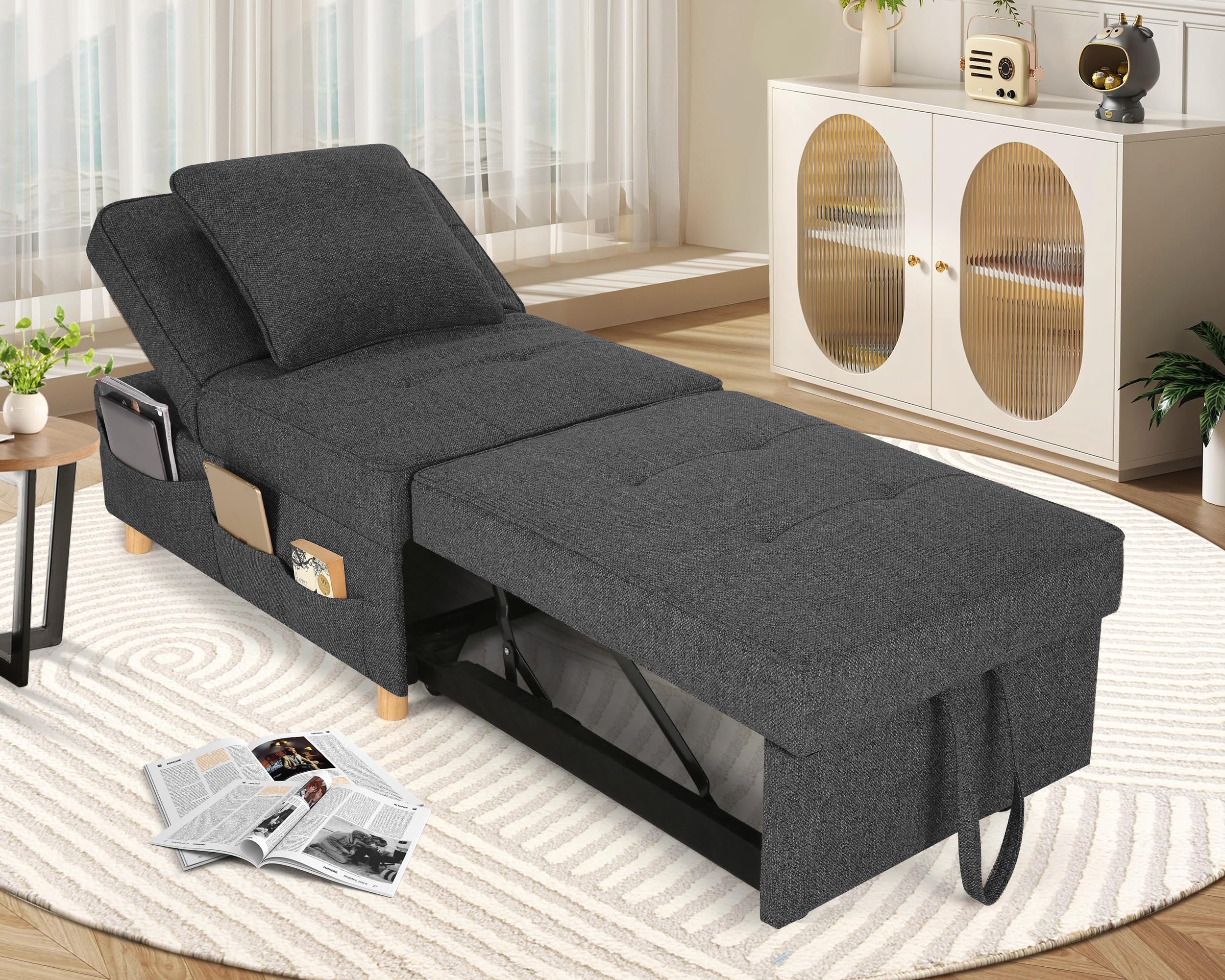 SEJOV Sleeper Sofa Chair Bed,4-in-1 Convertible Sofa Bed Chair with 6 Adjustable Backrest and Pillow, 3-Seat Pull Out Sleeper Chair Linen No Backrest for Bedroom Small Space Living Room, Grey Black