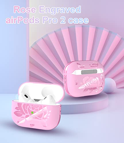 ROMSEA for AirPods Pro 2nd Generation Case Cover 2022, Rose Engraved Bling Floral Replacement Charging Case Cover for Women Shock-Absorbing Protective Case with Lanyard [Front LED Visible],Pink